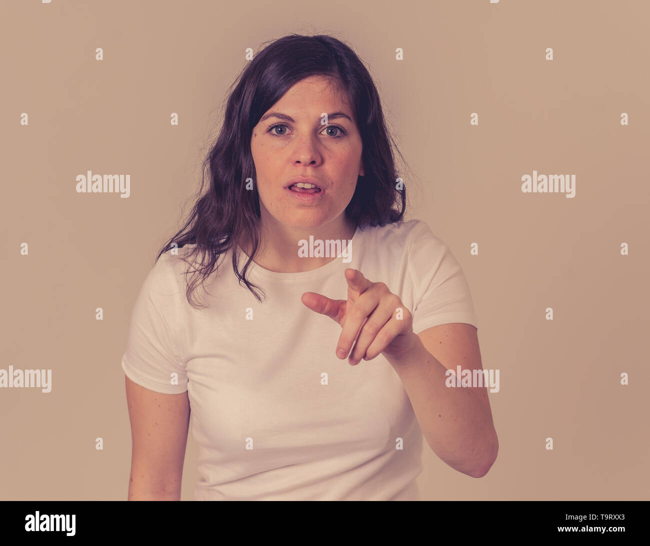 Human emotions and expressions. Portrait of beautiful shocked woman ...