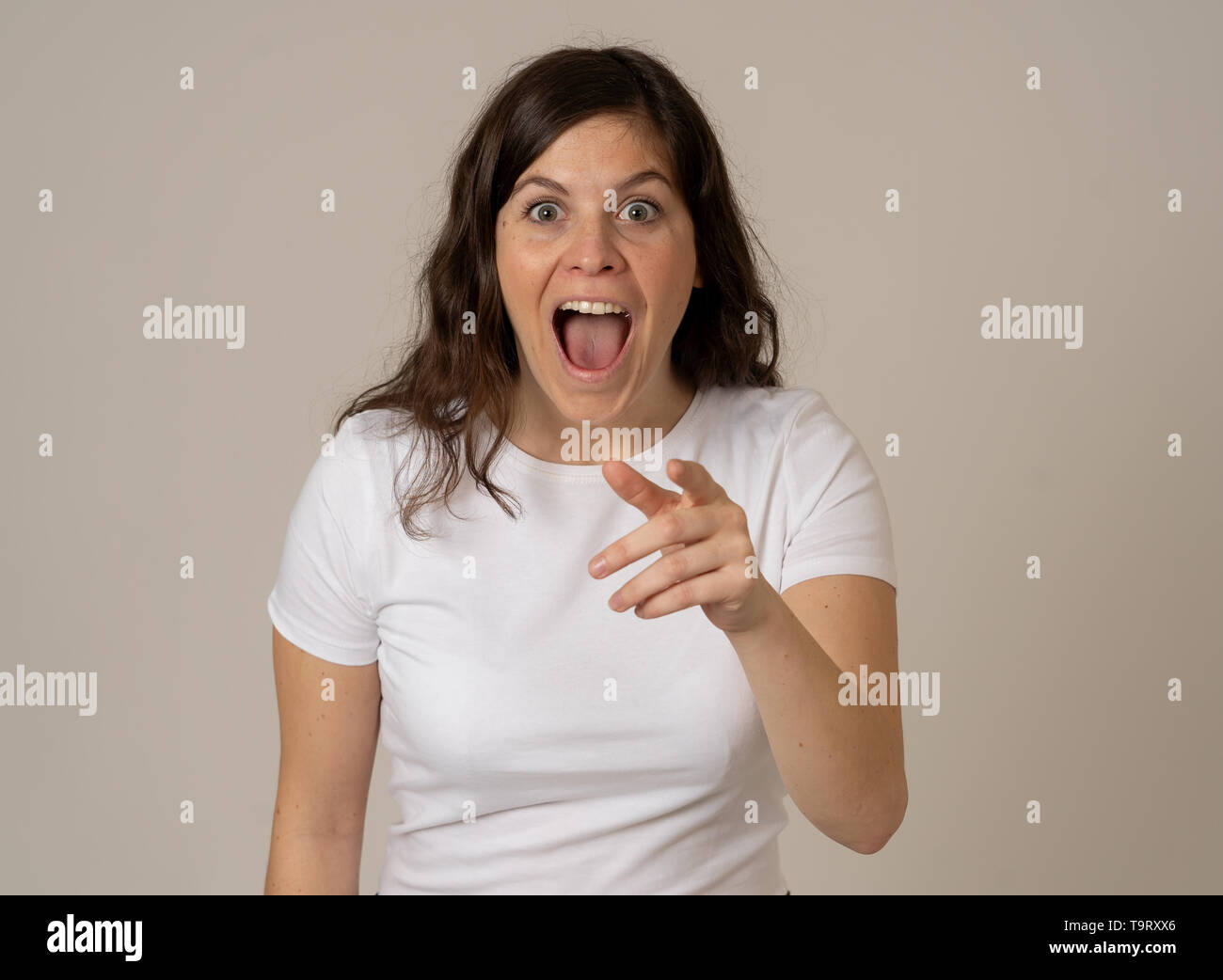 Human emotions and expressions. Portrait of beautiful shocked woman ...