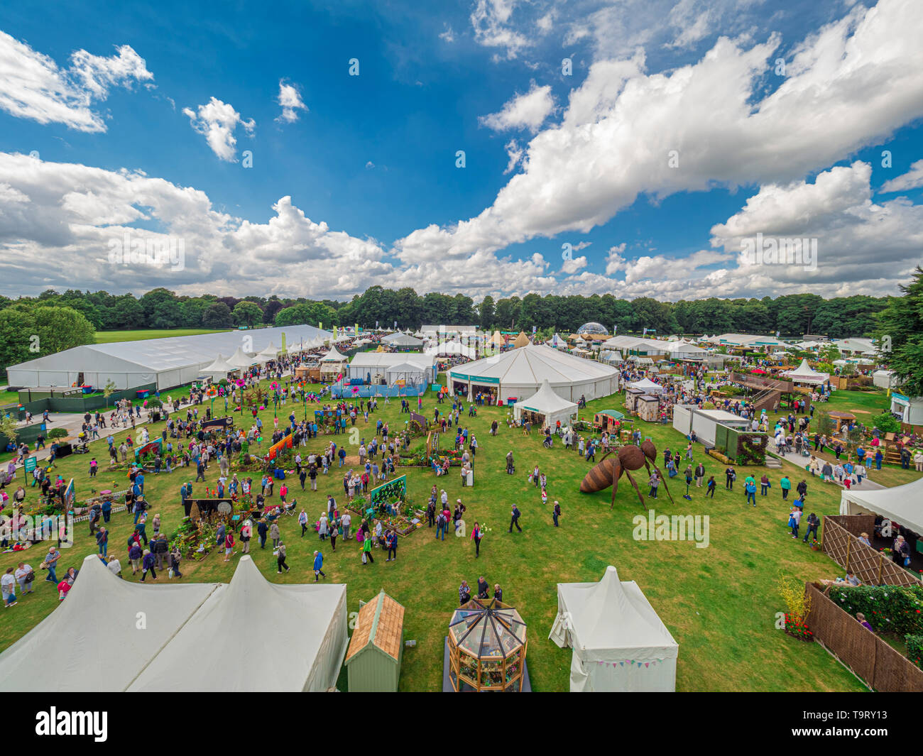 Aerial view of RHS Tatton Park Gardening Show held annually in Cheshire ...