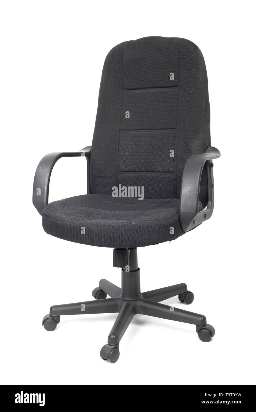 Black used textile office chair with wheels isolated on white Stock ...