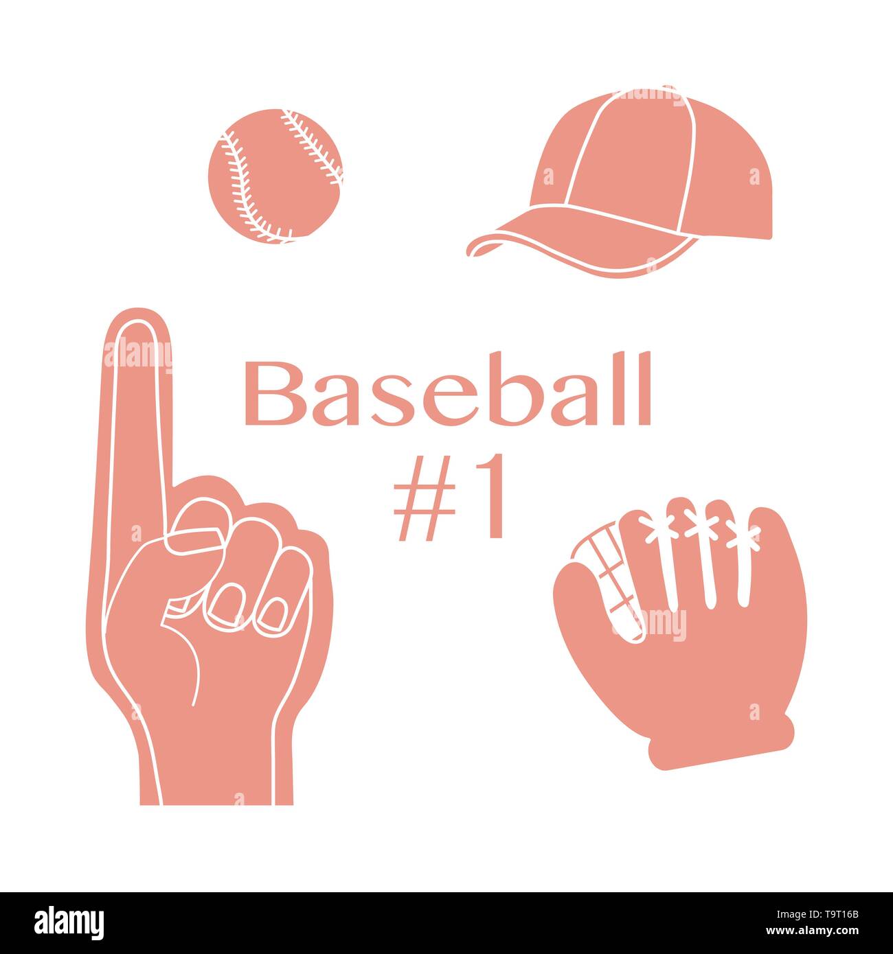 Vector illustration with baseball foam finger, ball, cap, glove. Sports ...