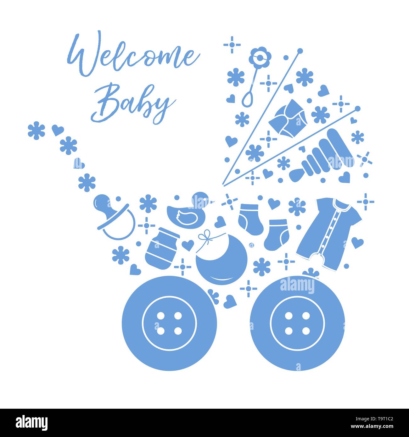 Vector illustration with baby stroller, goods for babies. Newborn baby ...