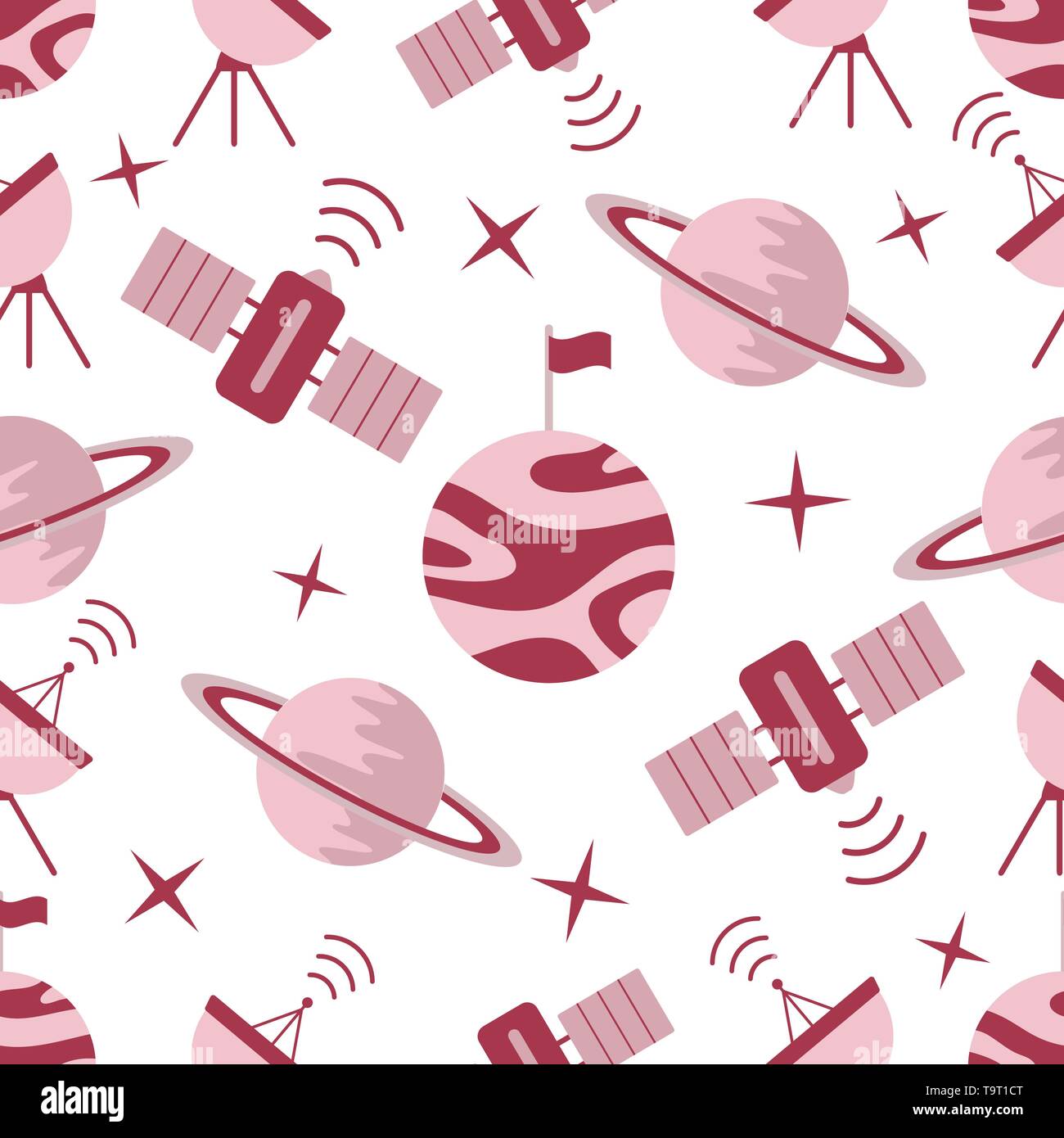 Seamless vector pattern with planets, Saturn, stars, orbital station ...