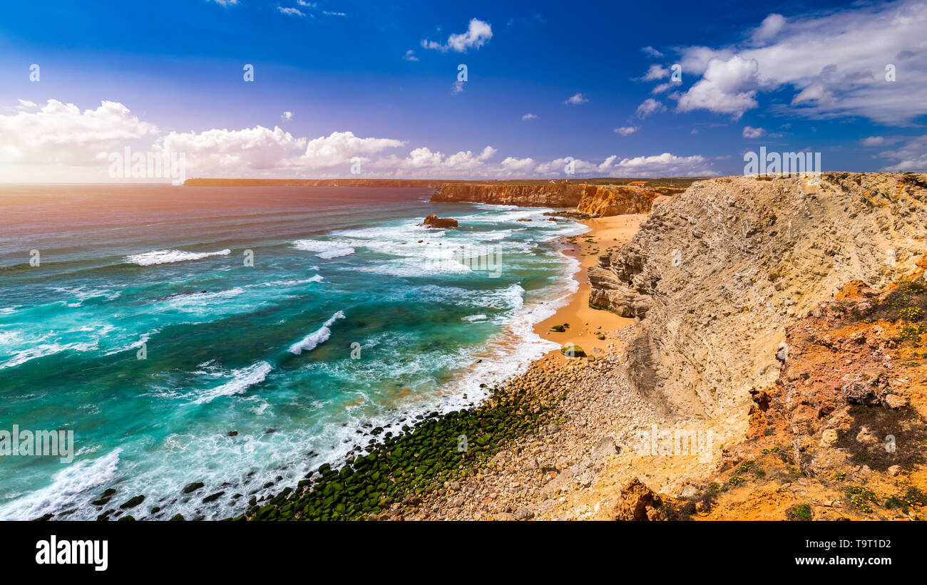 Panorama view of Praia do Tonel (Tonel beach) in Cape Sagres, Algarve ...
