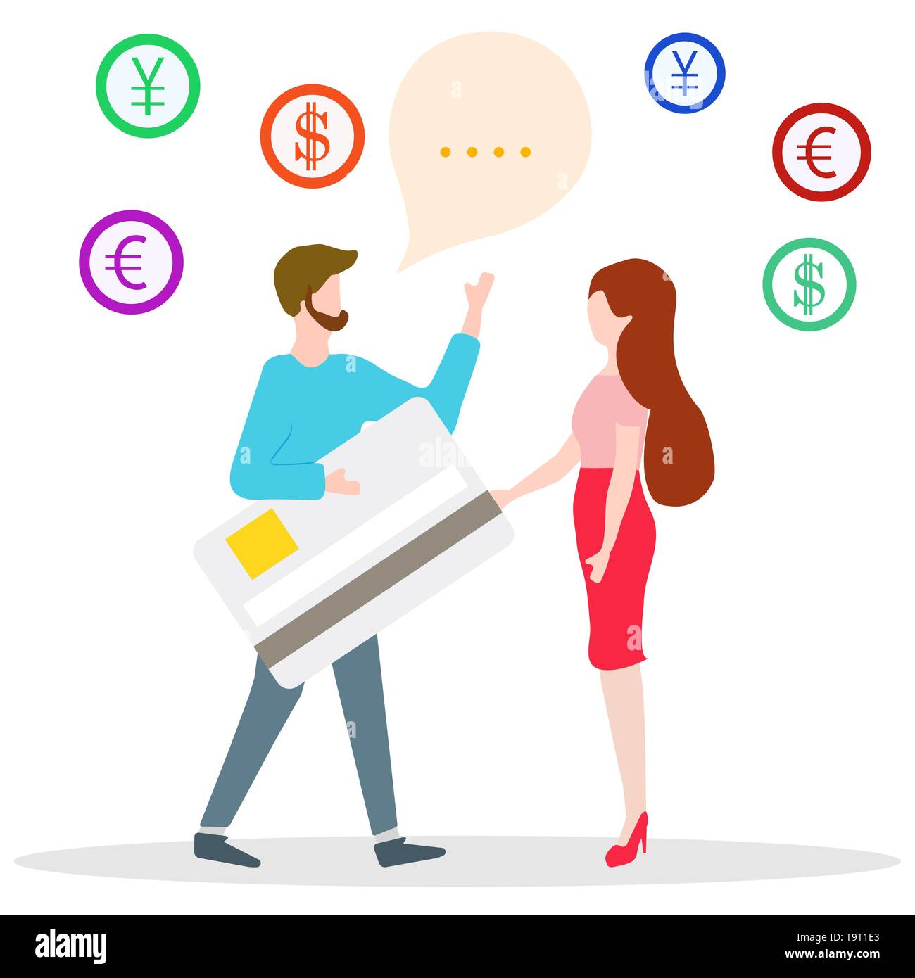 Vector illustration with man with bank card, female assistant helping ...