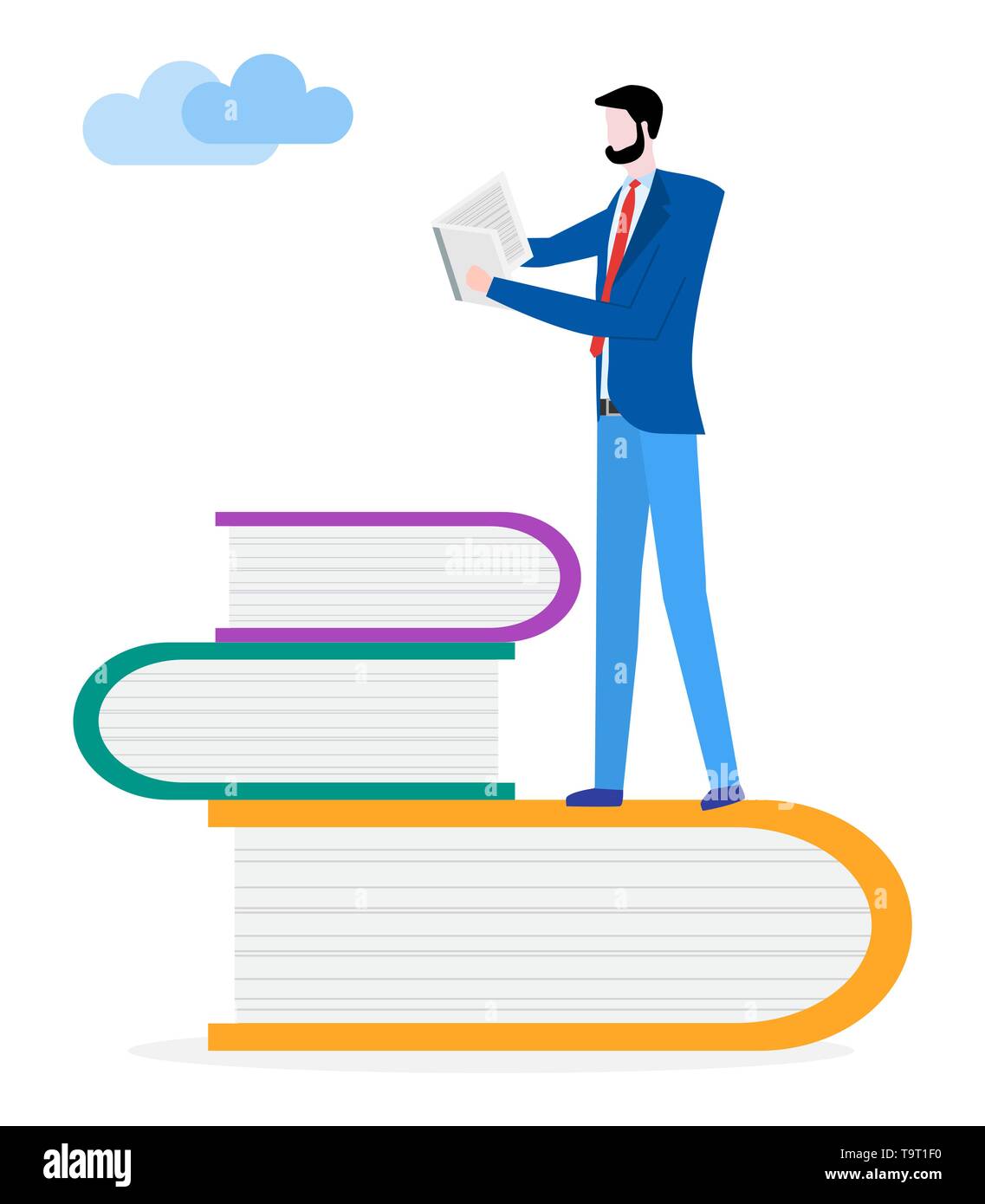 Vector illustration with man and books. Male reader, stack of giant ...