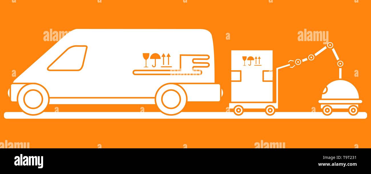 Vector illustration with robot loader loads boxes into a car ...