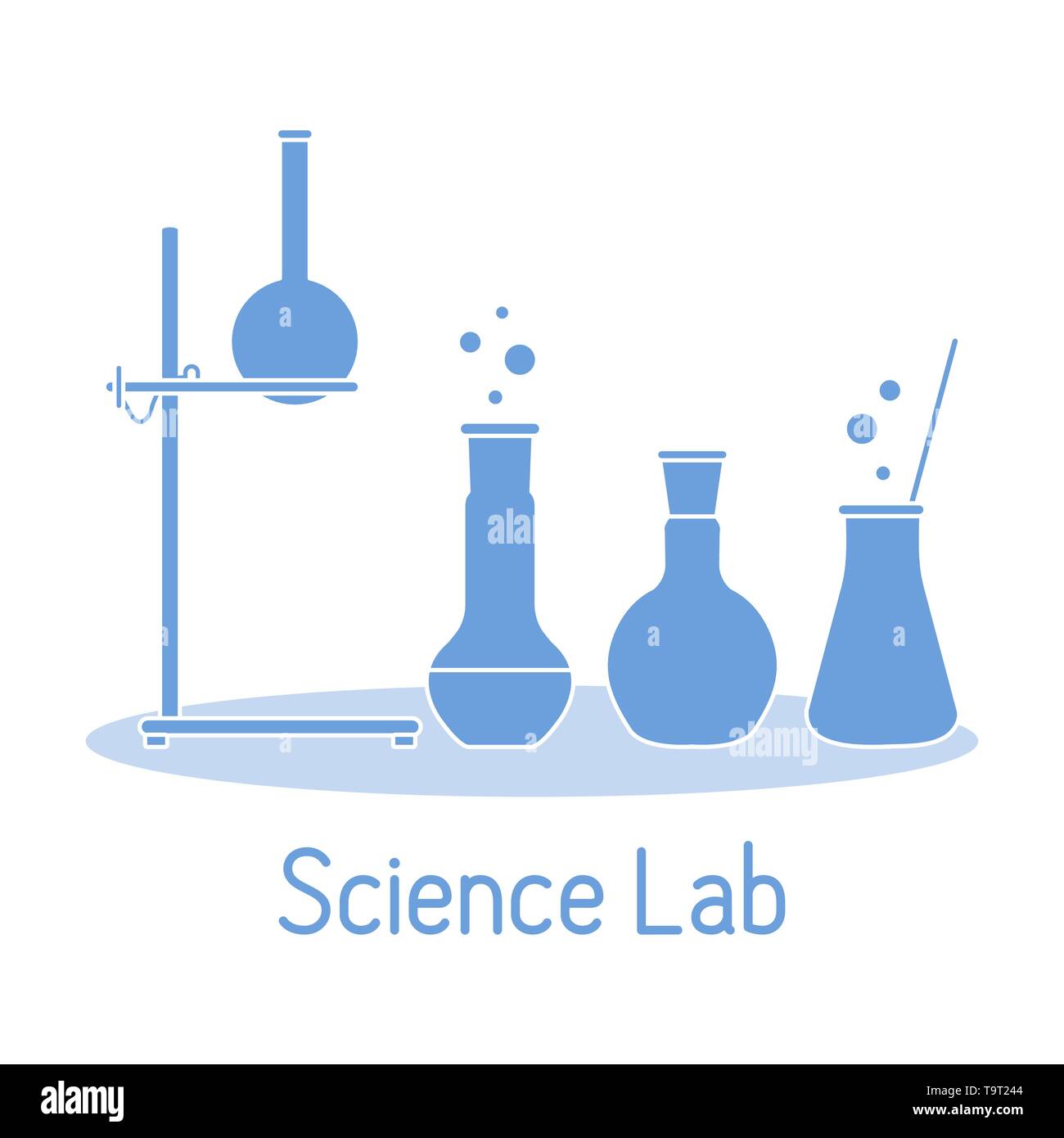 Vector science illustration with flasks, equipment stand. Laboratory ...