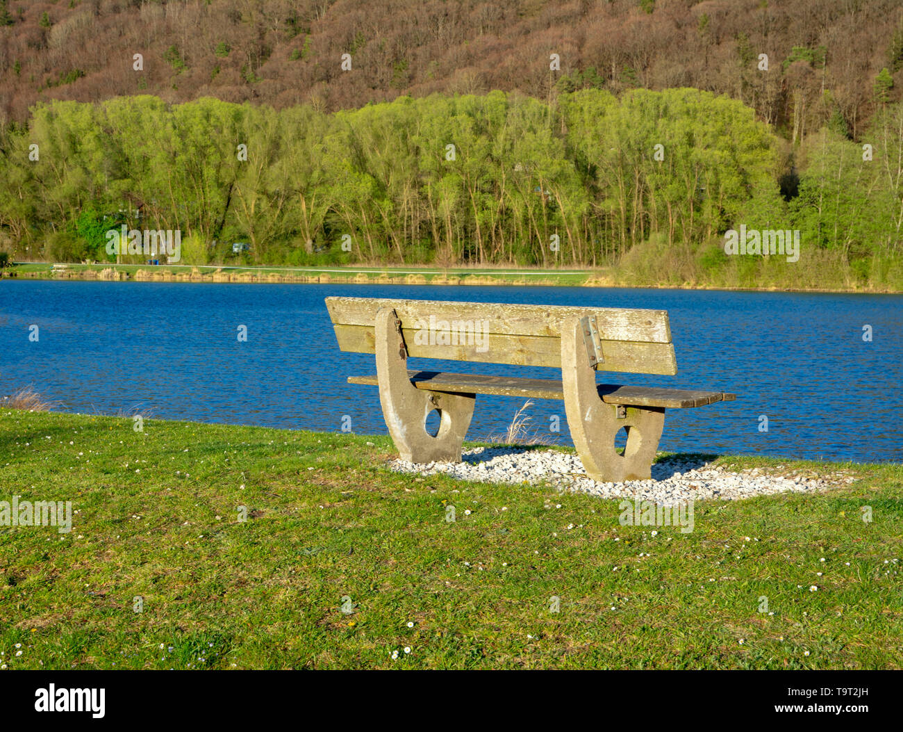 Wooden bench at Pfraundorfer Lake in the Altmuehltal valley (Bavaria ...