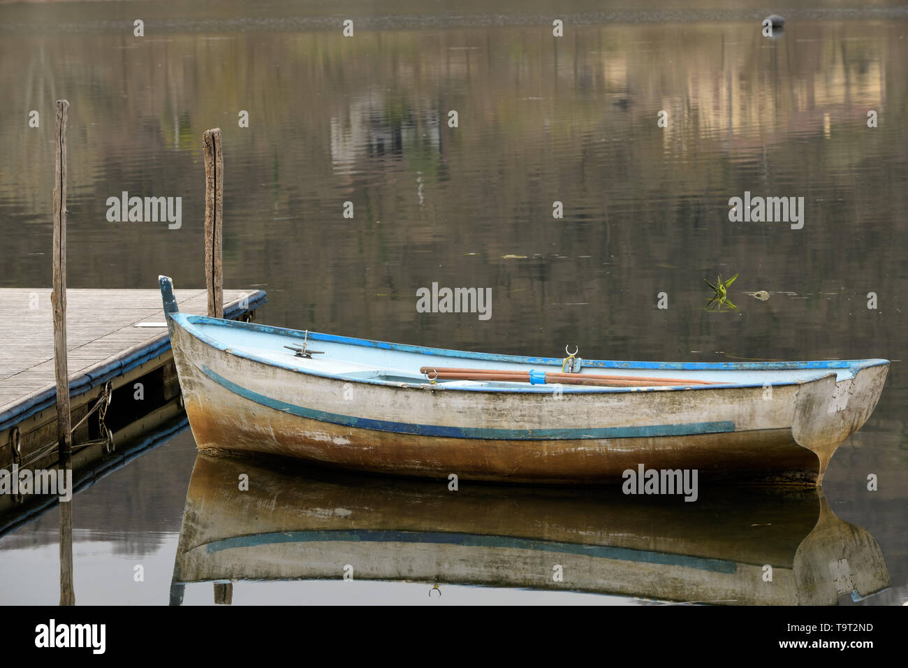 Little old boat on calm lake water Stock Photo - Alamy