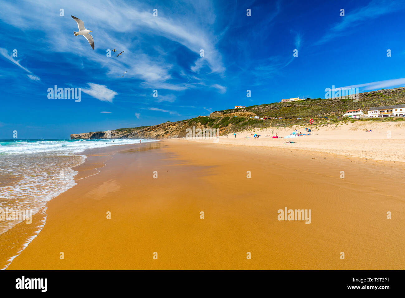 View of the Monte Clerigo beach on the western coastline of Portugal ...