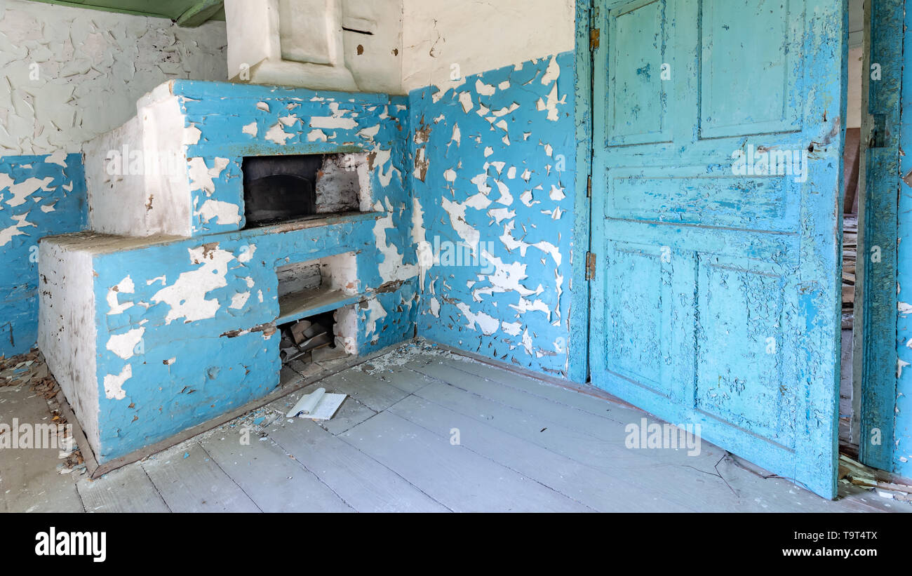 Blue interior of the kitchen of an abandoned house in Chernobyl ...