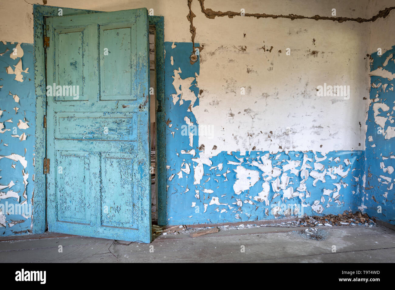 Blue interior of the kitchen of an abandoned house in Chernobyl ...