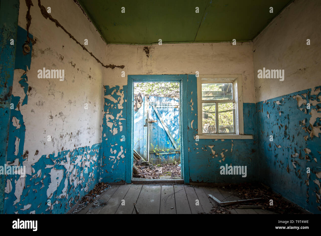 Blue interior of the kitchen of an abandoned house in Chernobyl ...