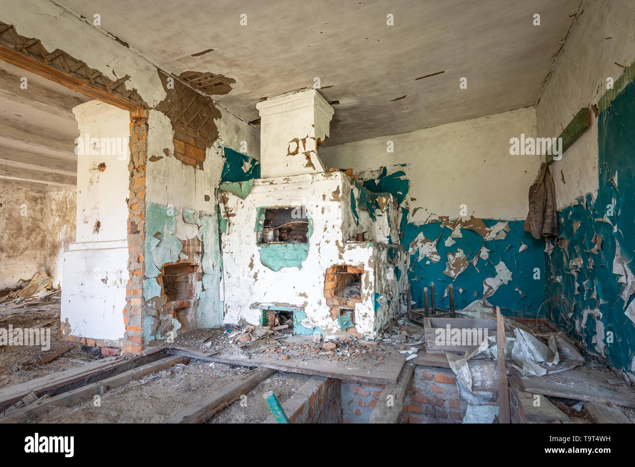 Blue interior of the kitchen of an abandoned house in Chernobyl ...