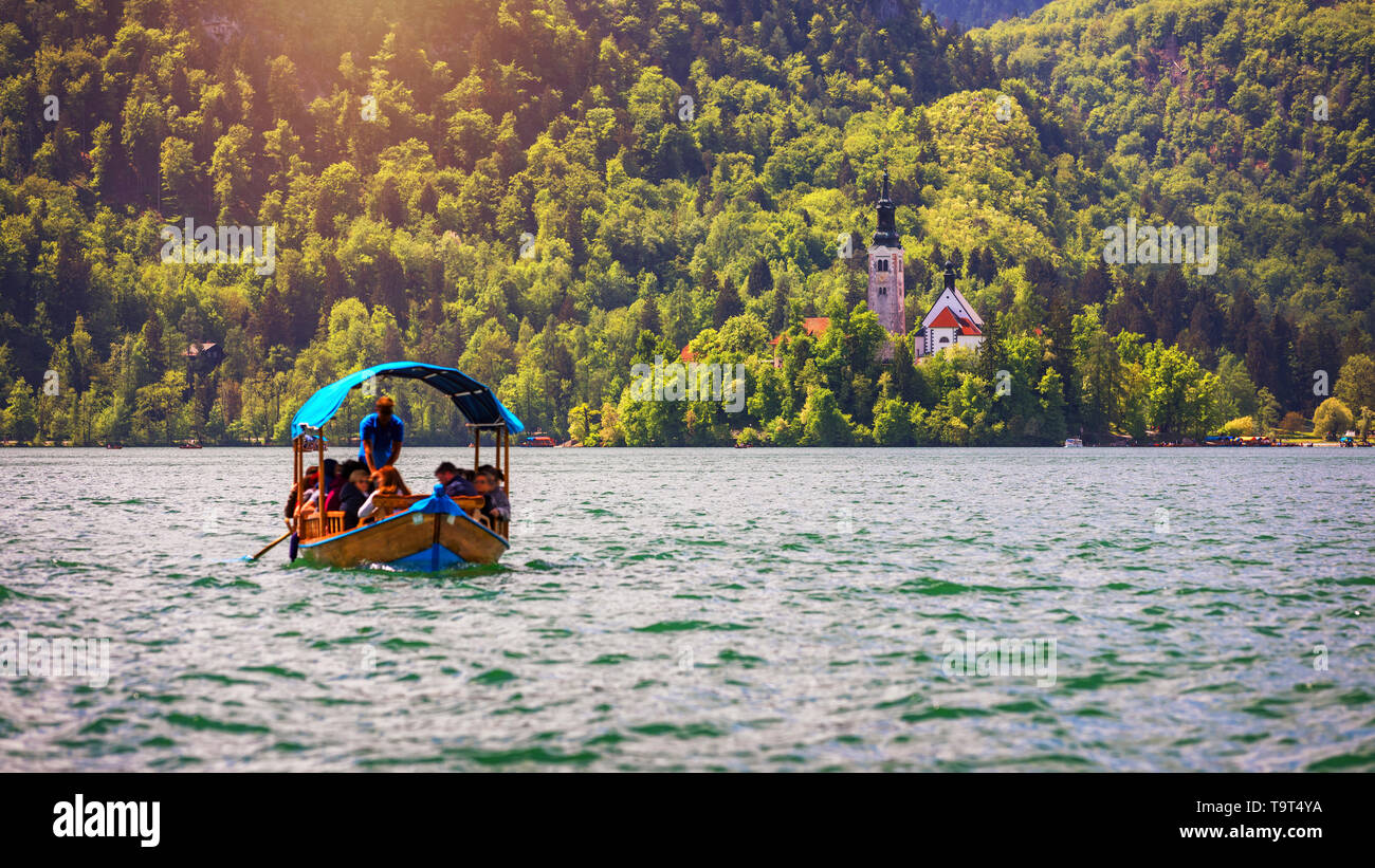 Iconic Bled scenery. Boats at lake Bled, Slovenia, Europe. Wooden boats ...