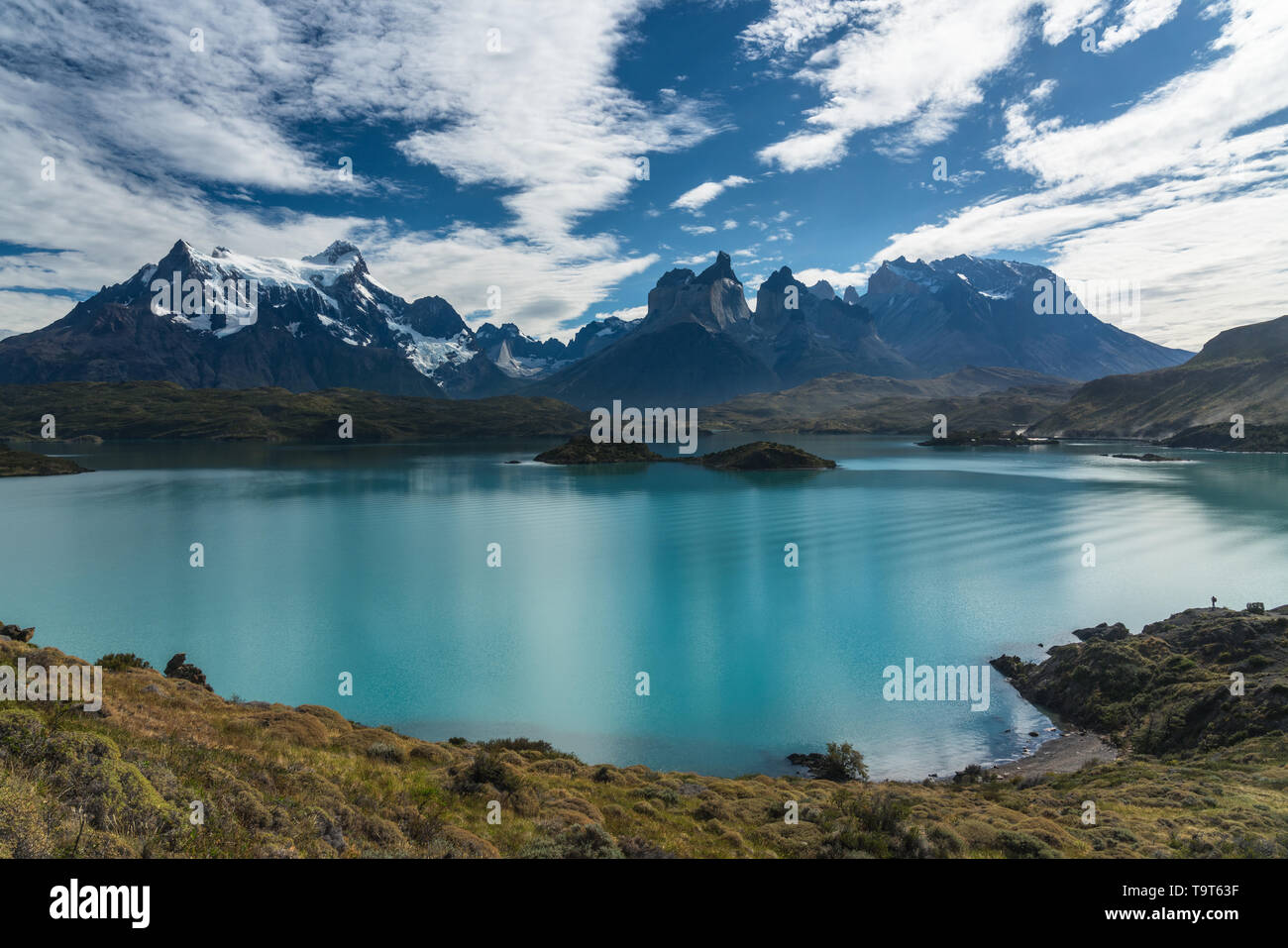 A morning view of the Paine Massif across Lago Pehoe in Torres del ...