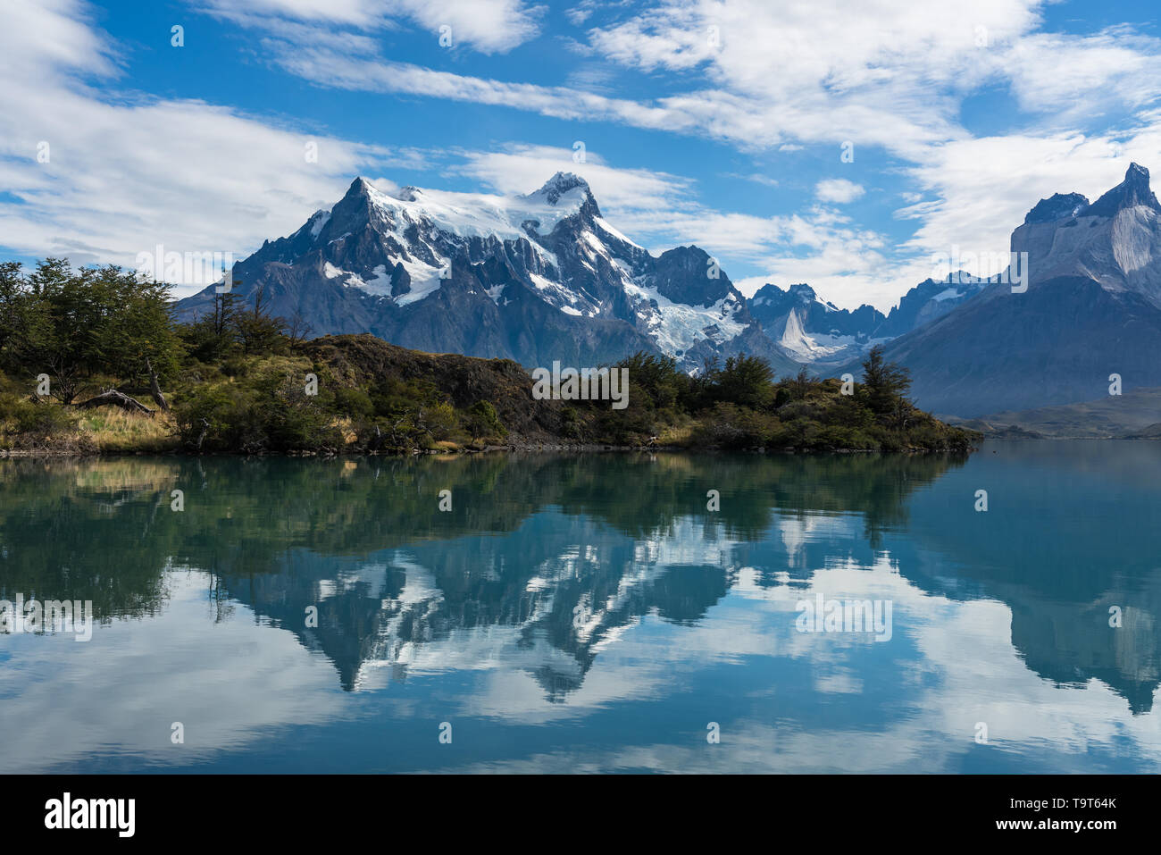 Early morning reflections of the Paine Massif in Lago Pehoe in Torres ...