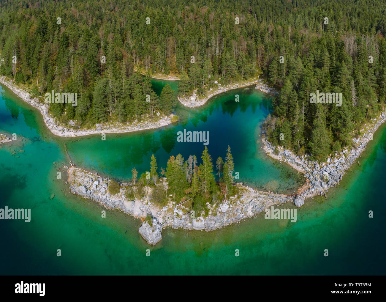 Aerial photo, Eibsee with islands in autumn with Grainau, Upper Bavaria ...