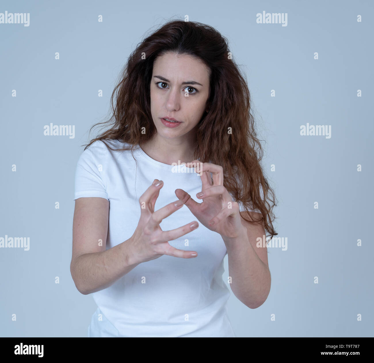 Close up portrait of attractive frustrated caucasian woman with angry ...