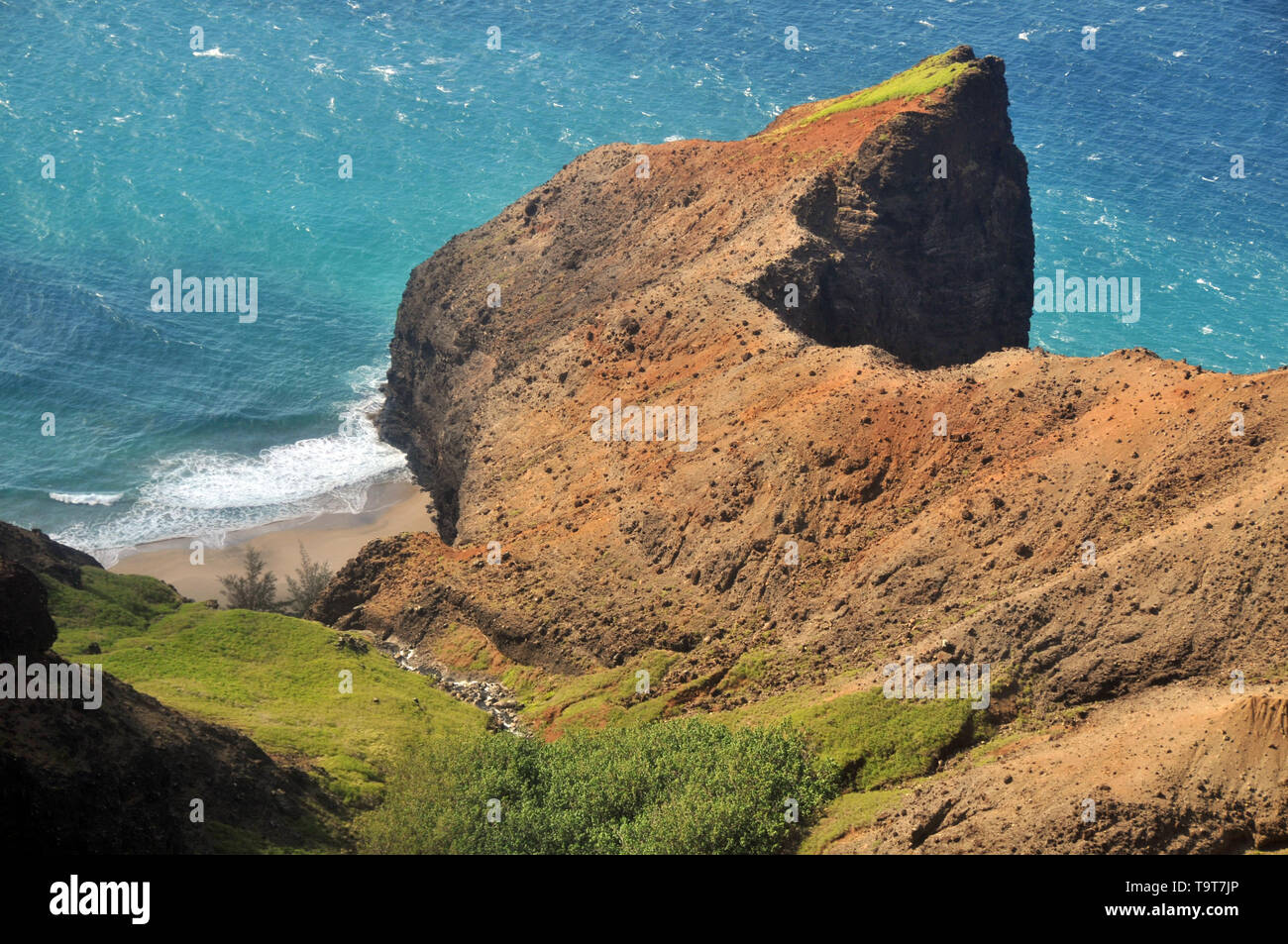 Aerial view of Honopu Valley at the Napali coast, Kauai, Hawaii, USA ...
