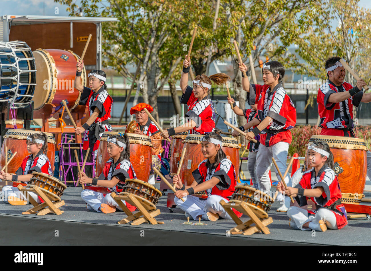Traditional Taiko drummer performing at a local competition in Tokyo ...