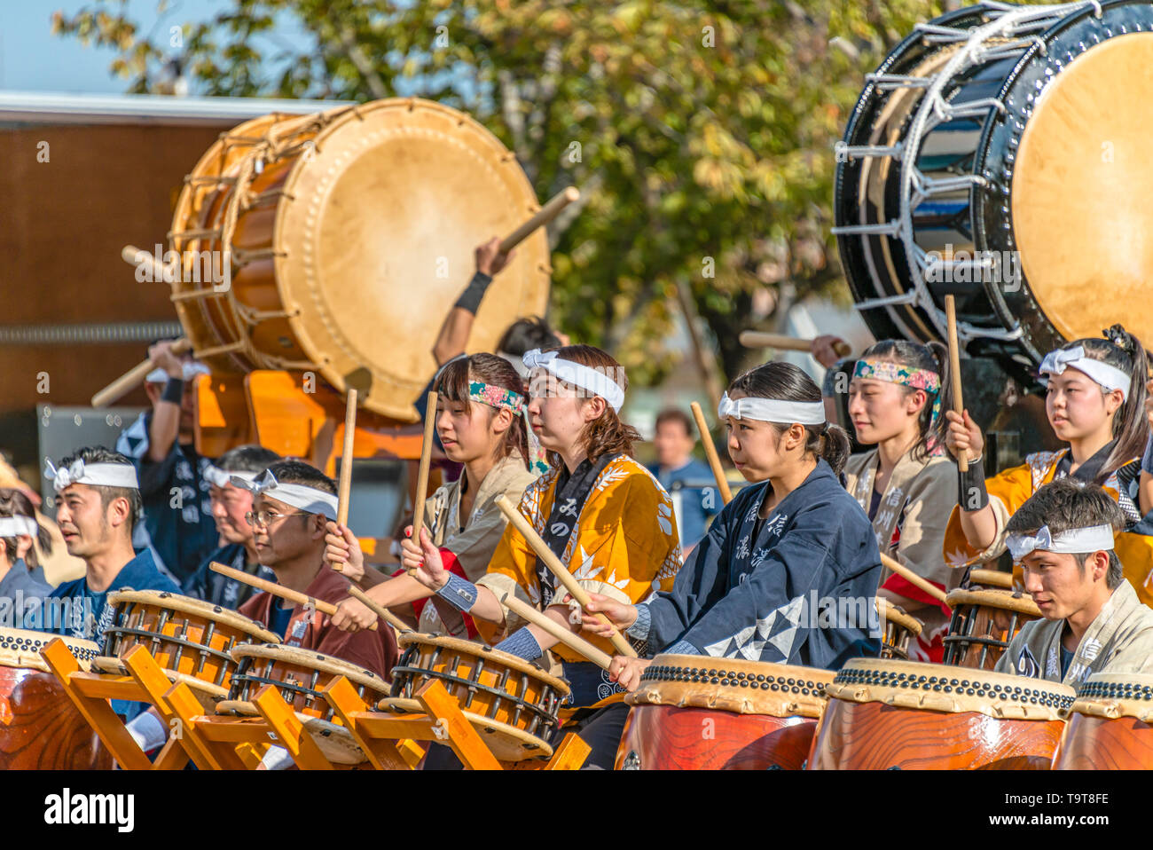 Traditional Japanese Taiko drummer performing at a local competition in ...