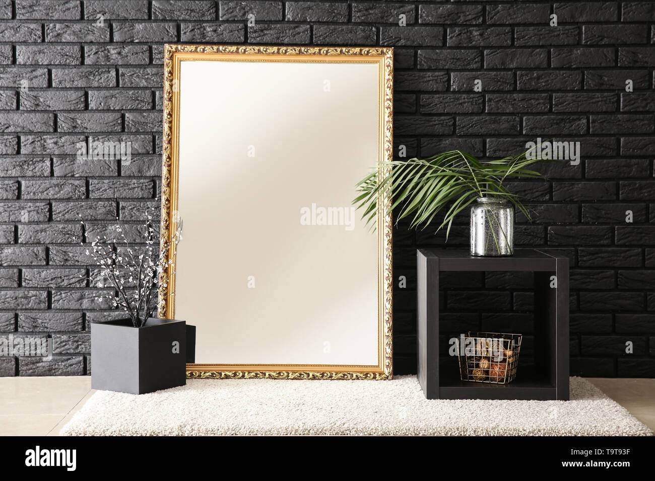 Interior of modern room with big mirror Stock Photo - Alamy