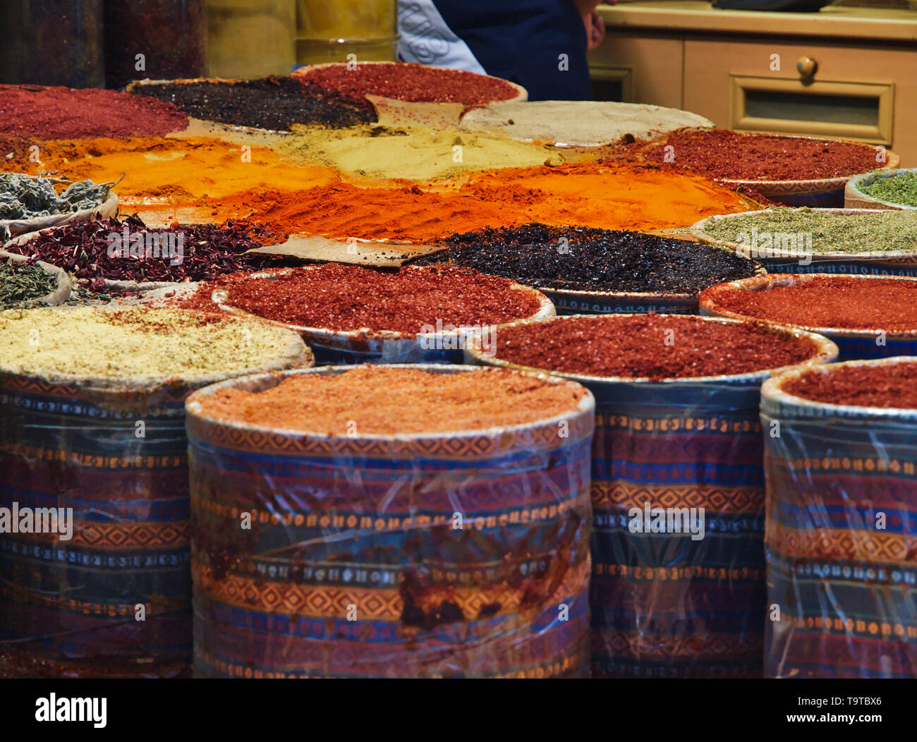Multiple spices in colorful containers in Istanbul, Turkey market Stock ...