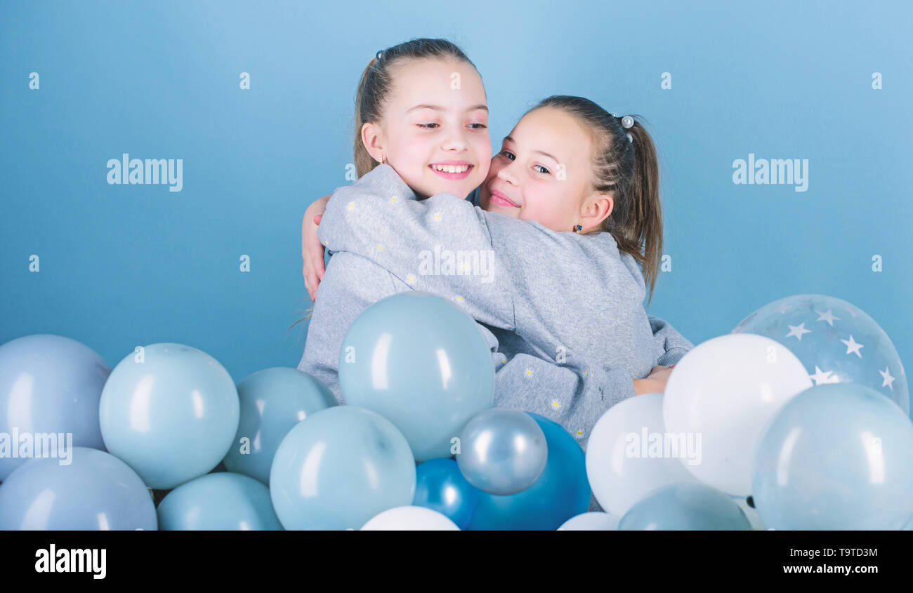 Balloon theme party. Girls best friends near air balloons. Birthday ...