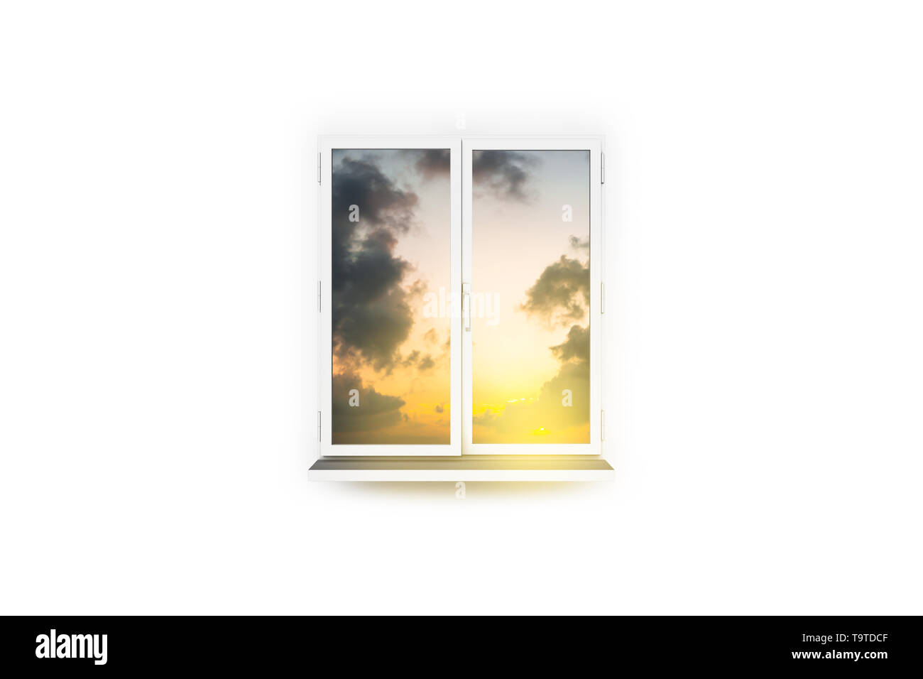 3d rendering, white window and cloudy sky background outside, isolated ...