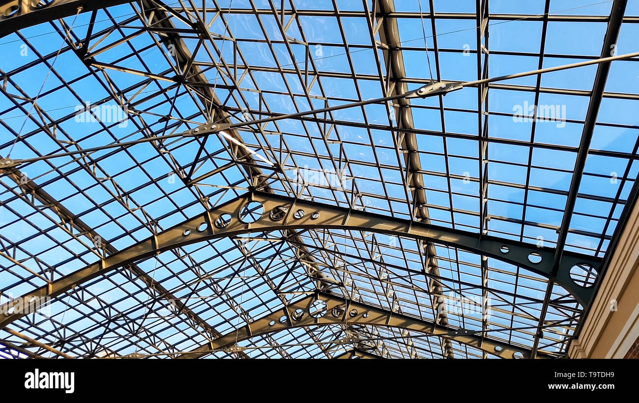 Beautiful abstract image of long glass roof at old railway station ...