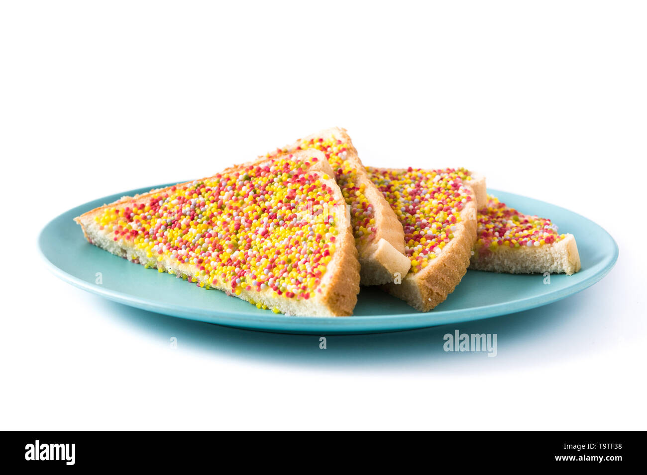 Traditional Australian fairy bread on plate isolated on white ...