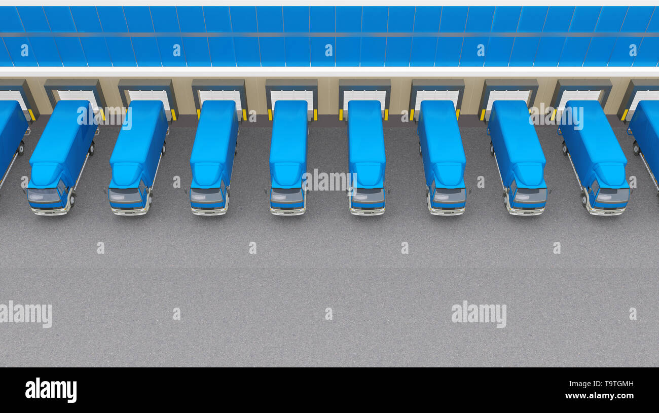 group of trucks near the warehouse above view. 3d rendering Stock Photo ...