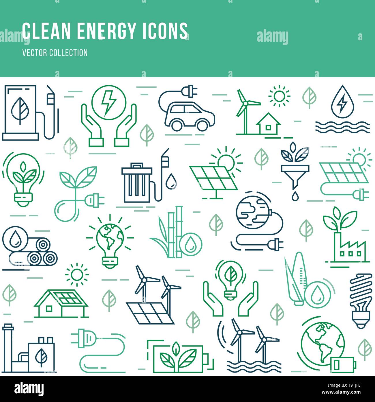 Set of linear icons on the theme of clean energy. Green energy from ...