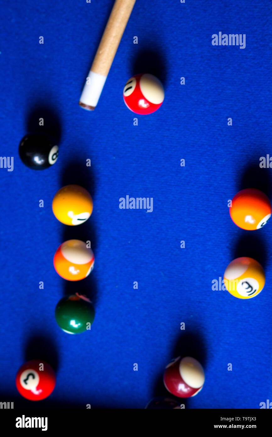 Pool billiard balls on blue table sport game set. Snooker, pool game ...
