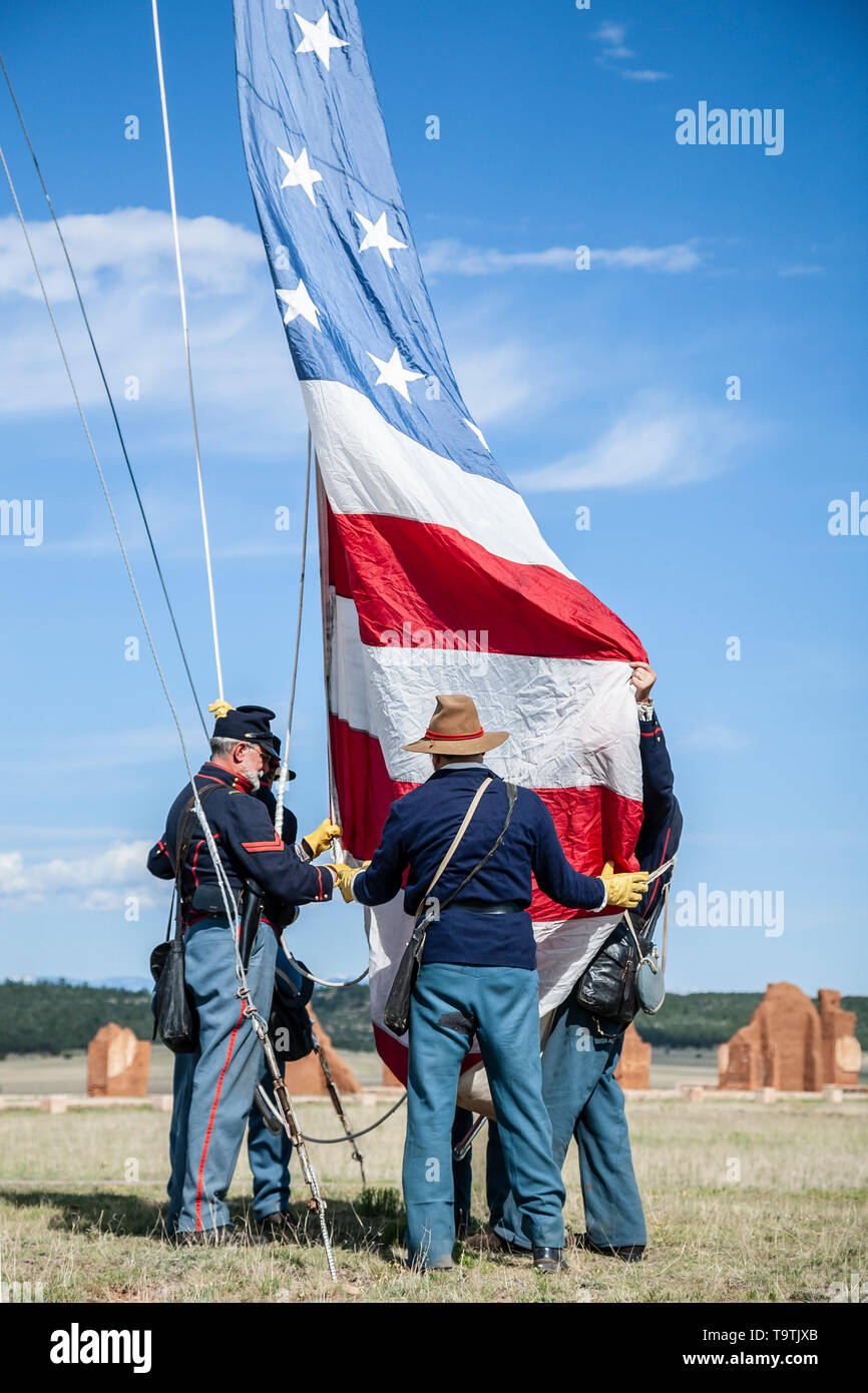 Civil War Era Union soldiers (reenactors) during flag-raising ceremony ...