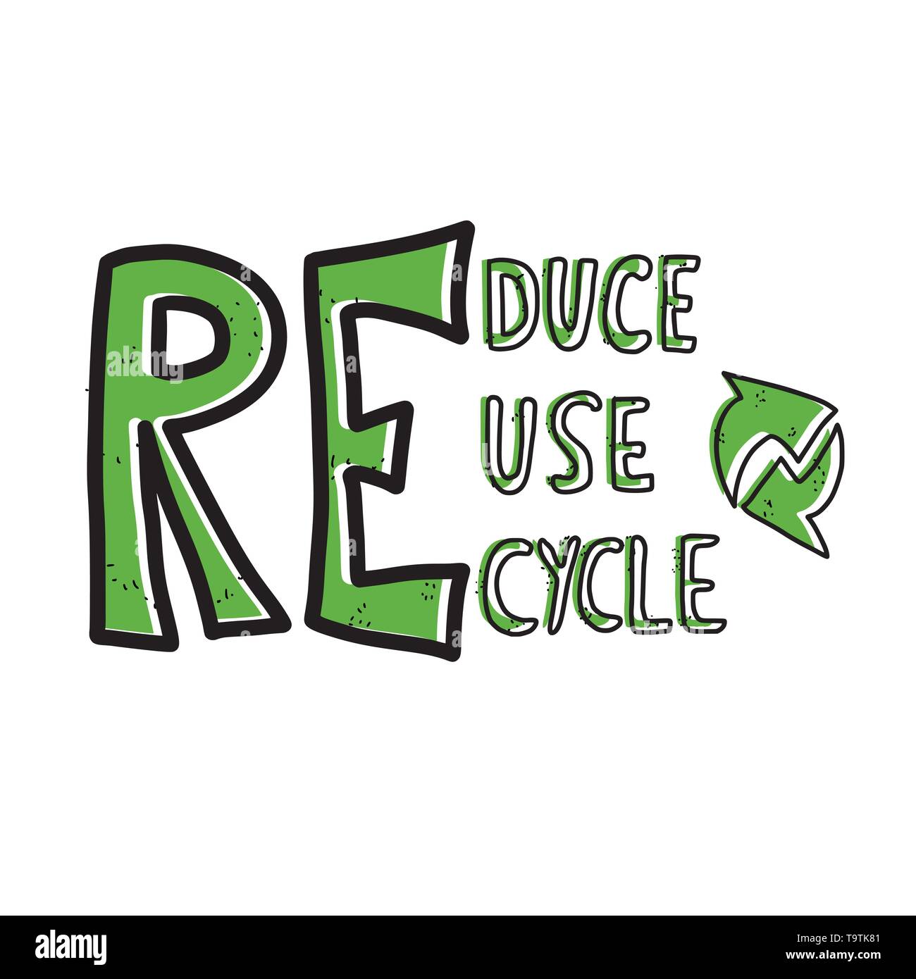 Reduce Reuse Recycle. Quote with decor isolated on whote background. Handwritten lettering ...