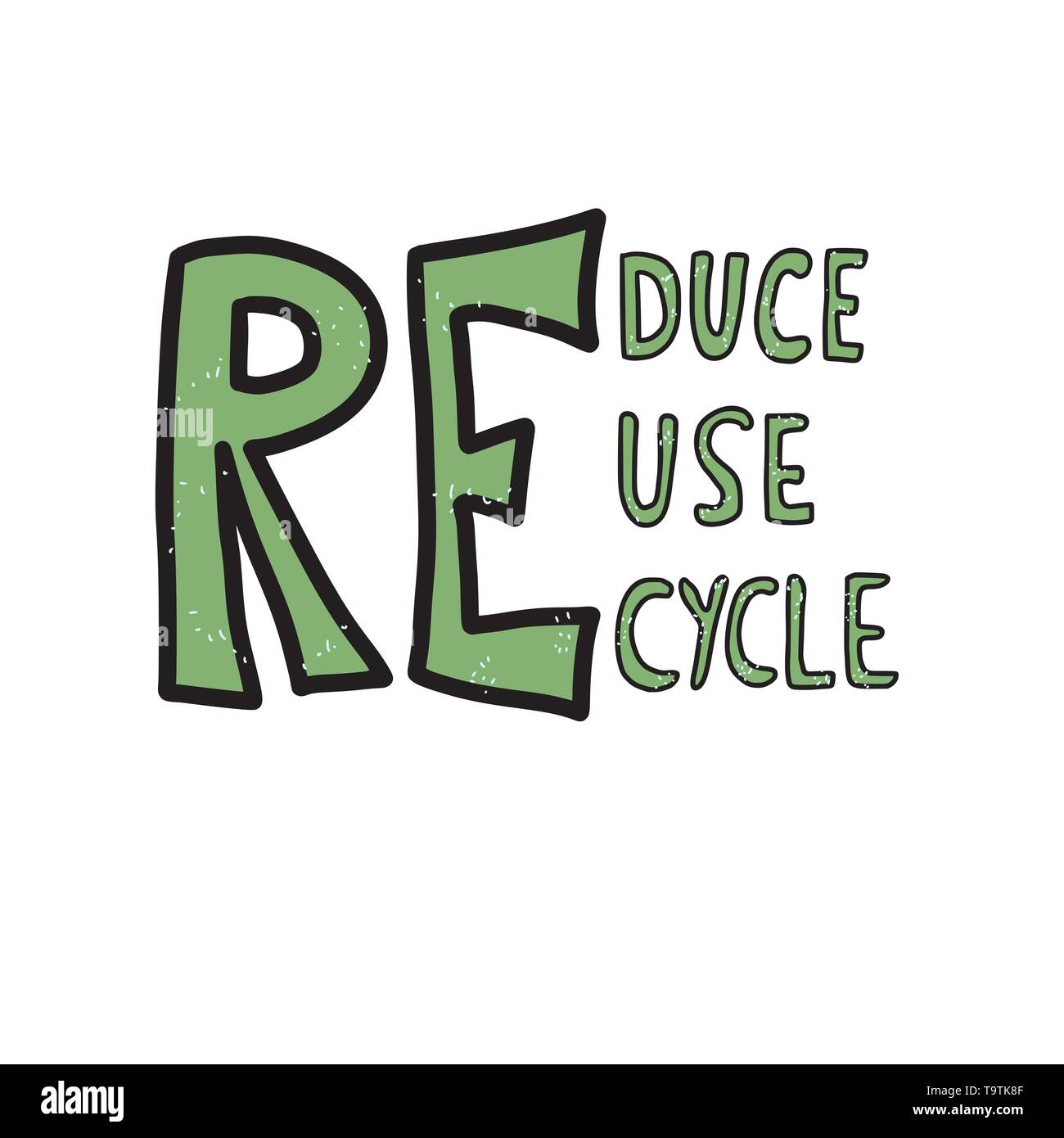 Reduce Reuse Recycle. Quote with decor isolated on whote background. Handwritten lettering ...