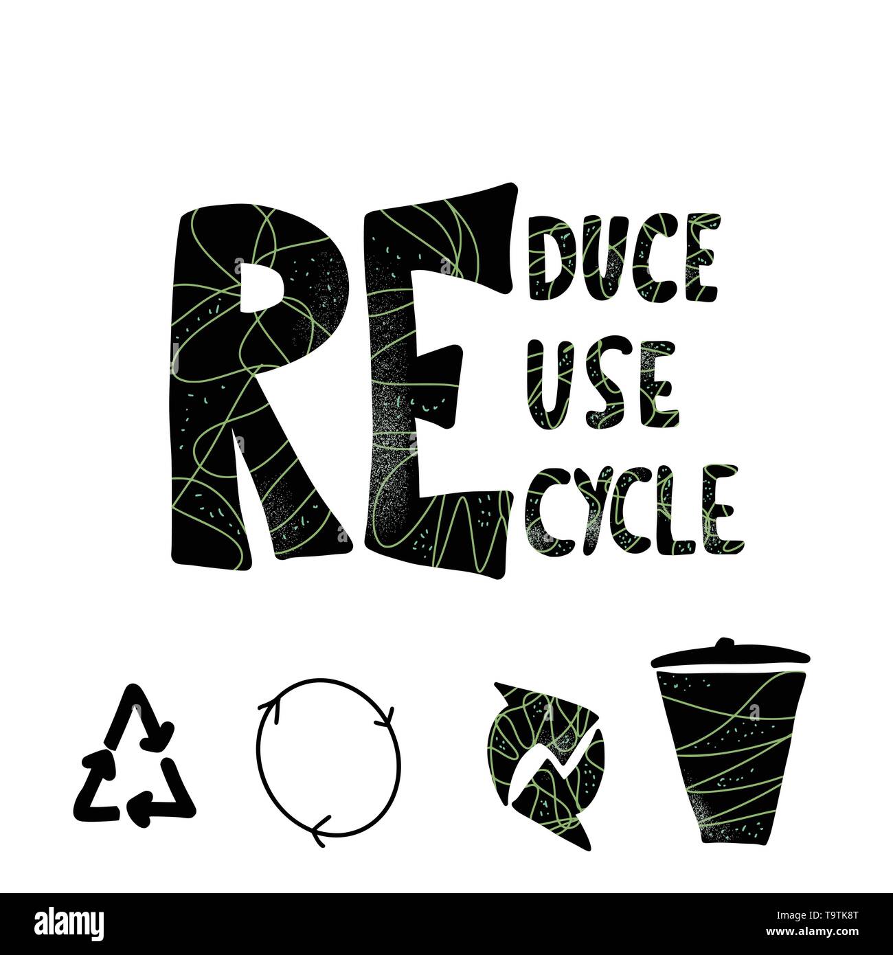 Reduce Reuse Recycle. Quote with decor isolated on whote background. Emblem with handwritten ...