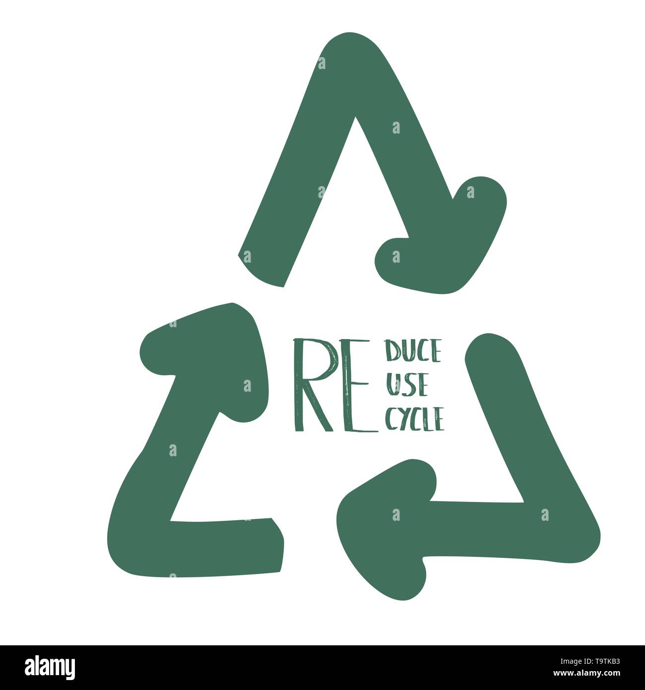 Reduce Reuse Recycle concept. Quote with ecological symbol. Emblem with handwritten lettering ...