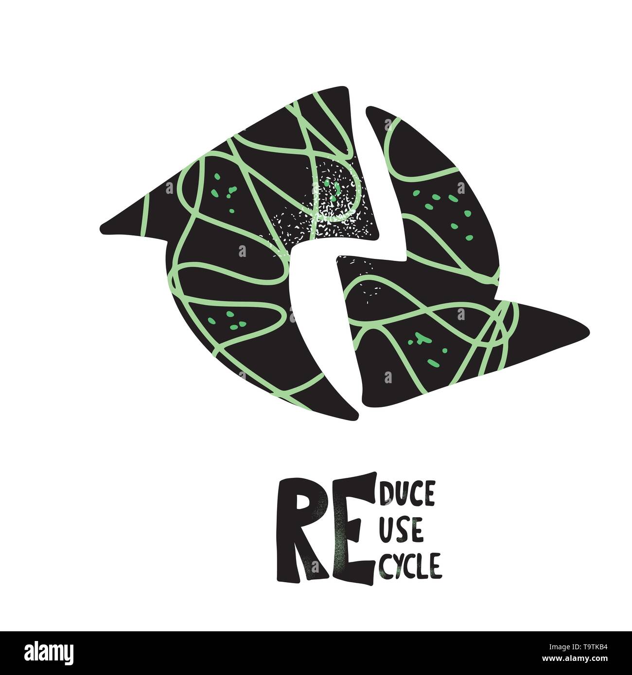 Reduce Reuse Recycle concept. Quote with ecological symbol. Emblem with handwritten lettering ...