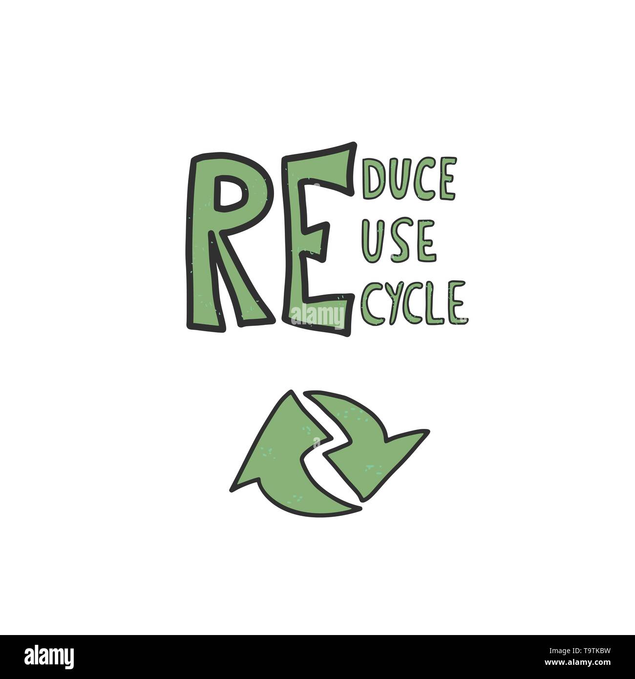 Reduce Reuse Recycle concept. Quote with ecological symbol. Emblem with handwritten lettering ...