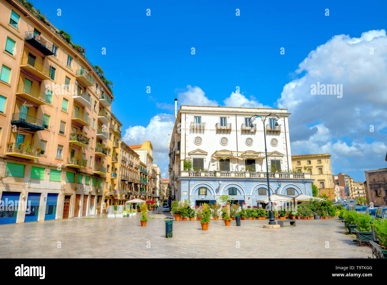 Cityscape with street and residential buildings on Piazza Marina in ...