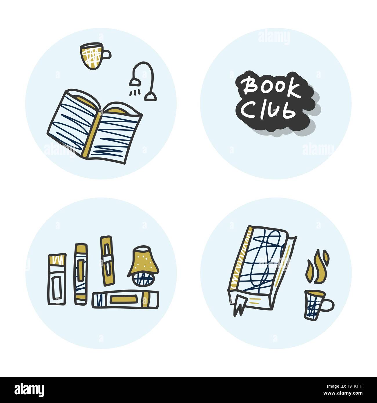 Book set in doodle style. Book club concept. Symbols of reading on ...
