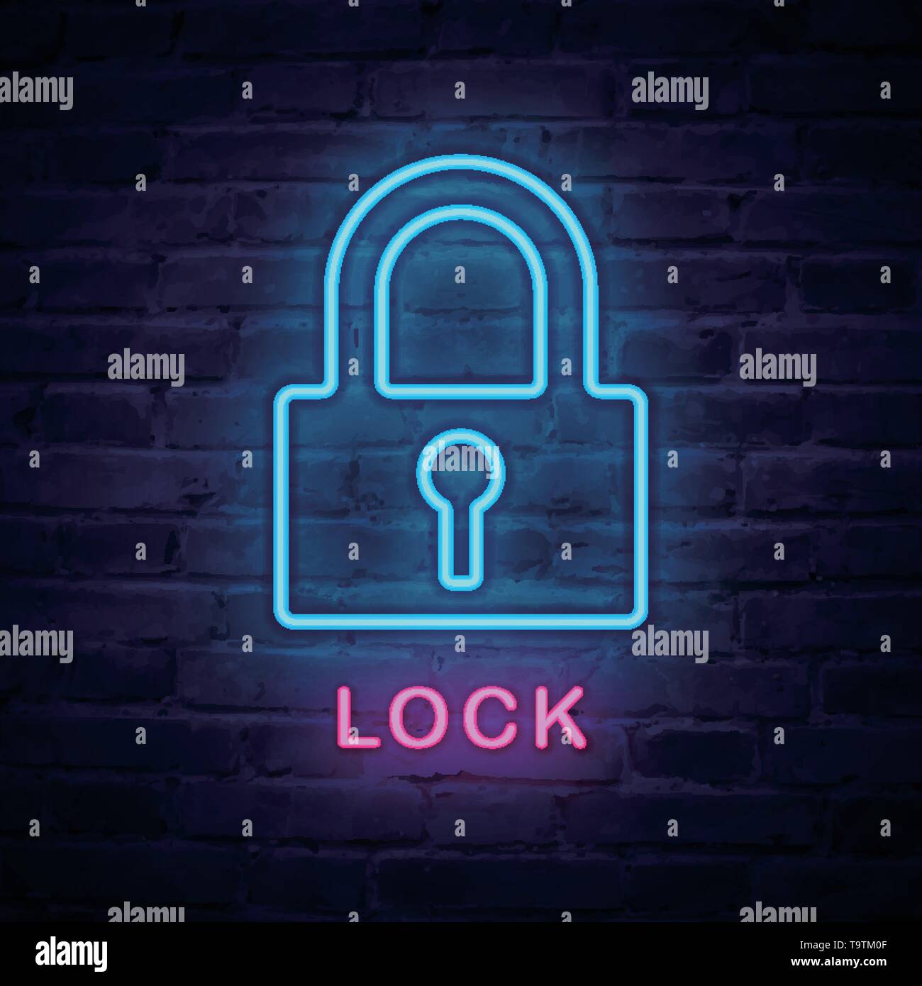 Vector illuminated neon light icon sign lock. Ideal for both print and ...