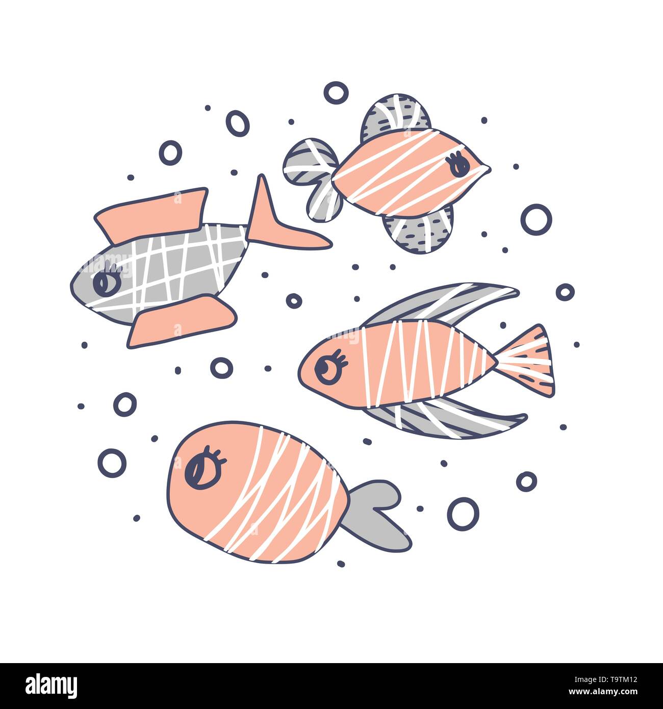 Fish collection isolated. Cute aquarium fish characters in doodle style ...