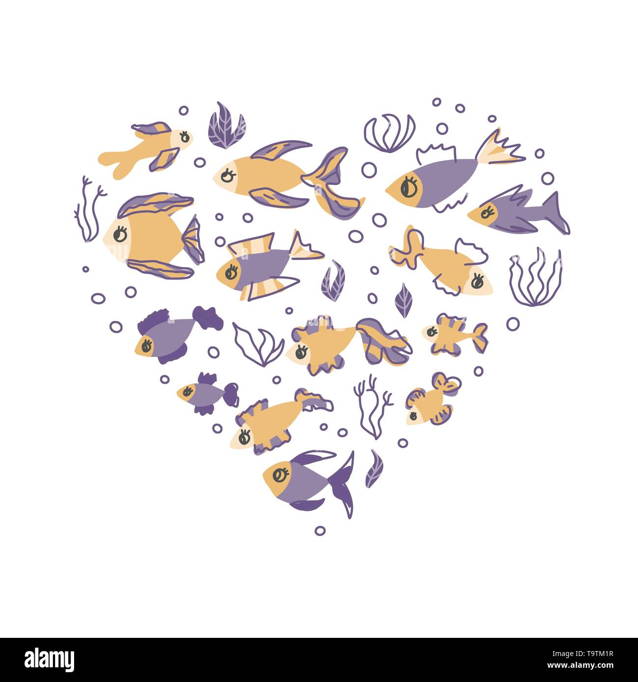 Fish collection isolated. Cute aquarium fish characters in doodle style ...