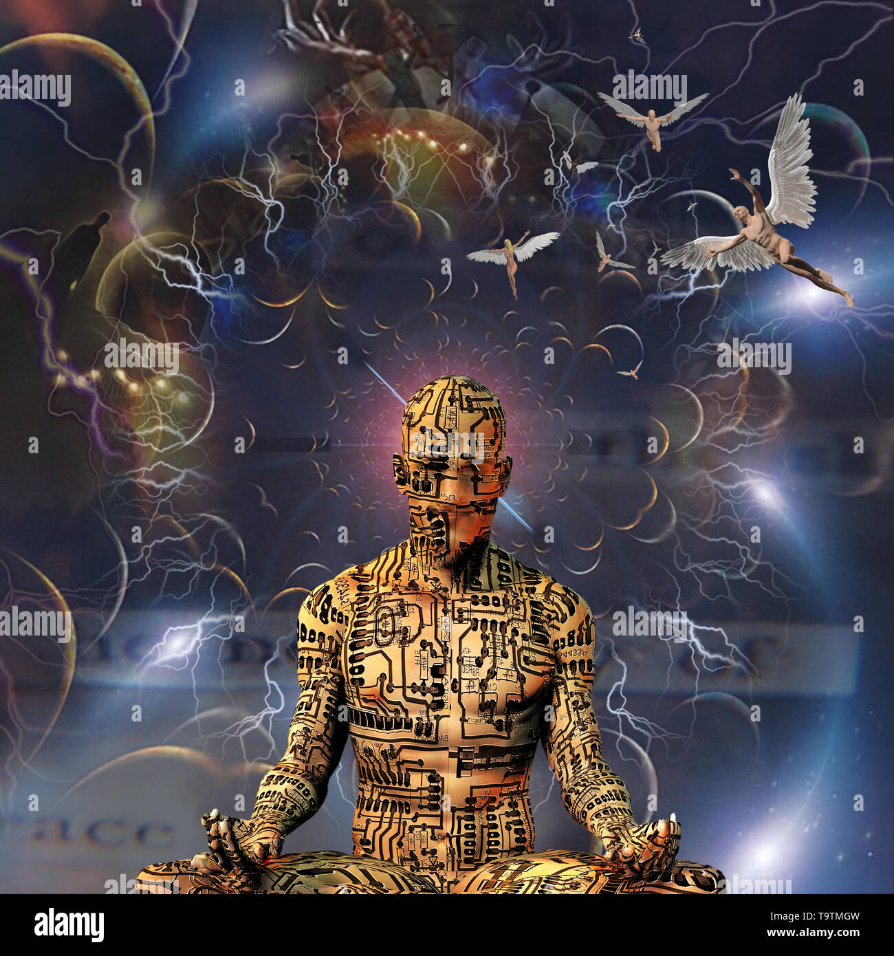 Guru meditation. Cyborg man with electric circuit pattern in lotus pose ...