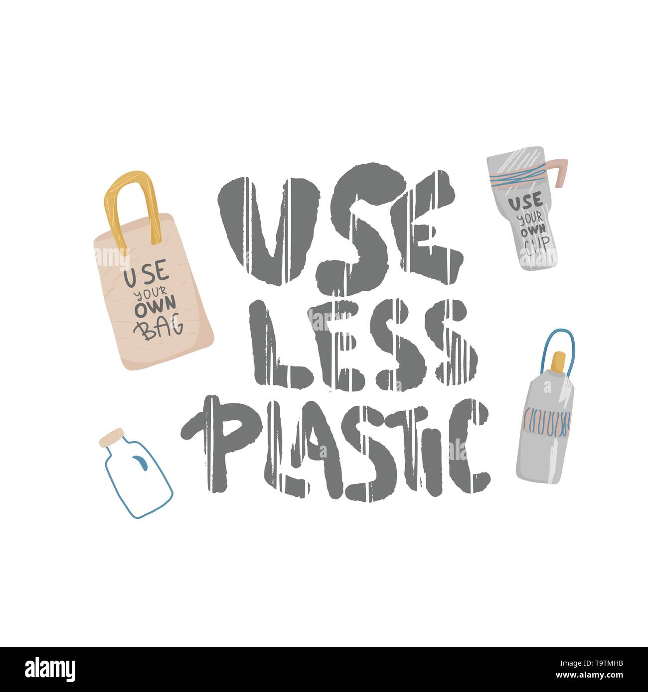 Use less plastic concept. Quote with eco lifestyle elements in flat ...
